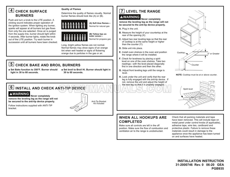 GE PGB935YPFS Profile Series Range Installation Instructions