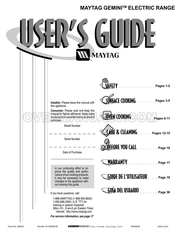 Maytag MER6872BAW Gemini Range User's Guide