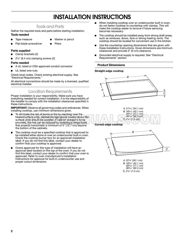 Whirlpool RCC3024RB Stove Installation Instructions