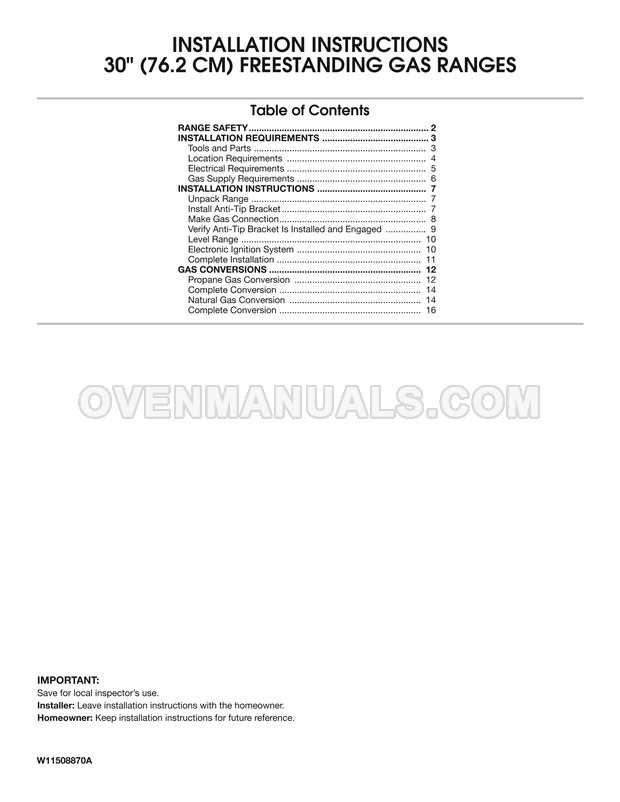 Whirlpool W10142327A Range Installation Instructions