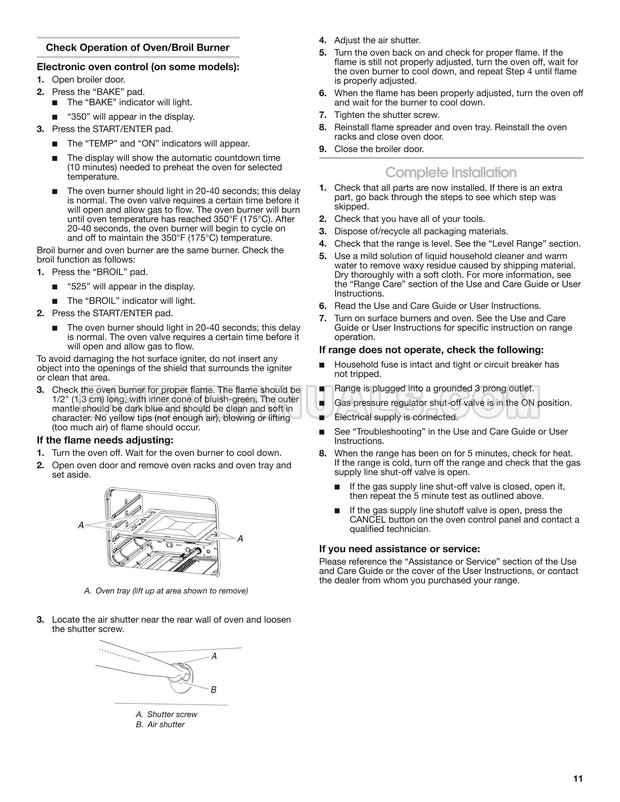 Whirlpool W10142327A Range Installation Instructions