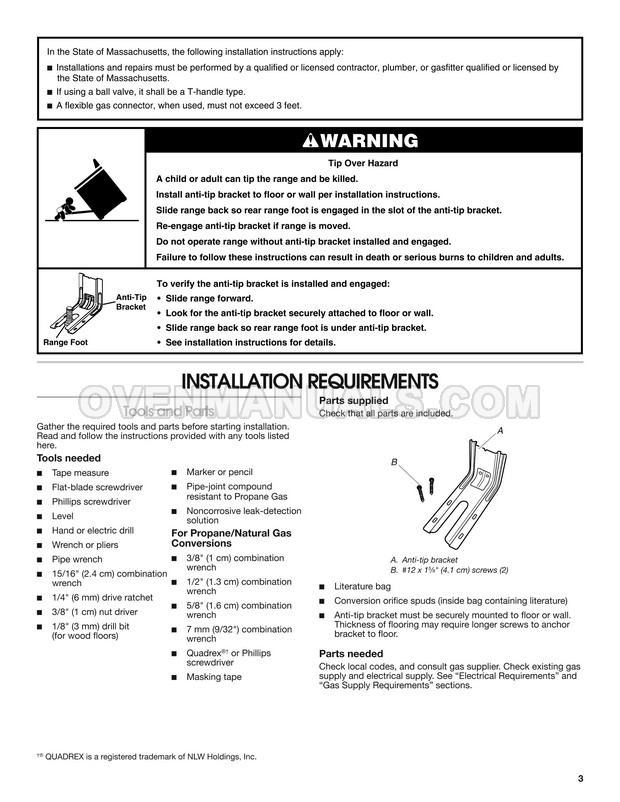 Whirlpool W10142327A Range Installation Instructions