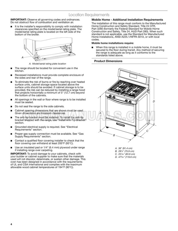 Whirlpool W10142327A Range Installation Instructions