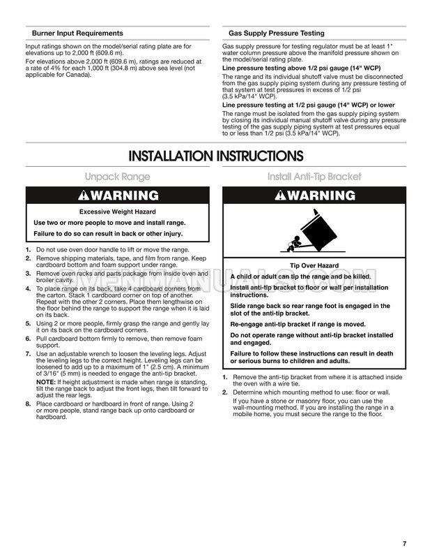 Whirlpool W10142327A Range Installation Instructions
