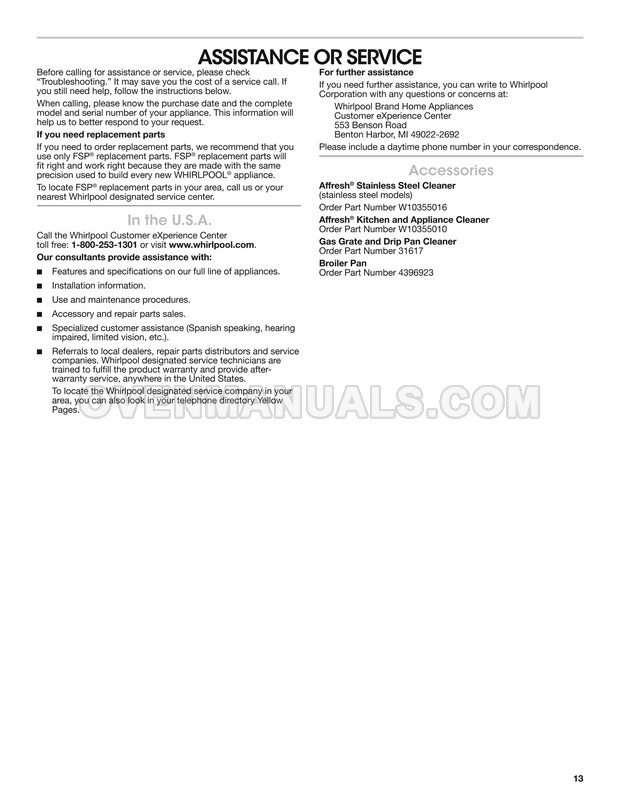 Whirlpool W10142327A Range Use & Care Guide