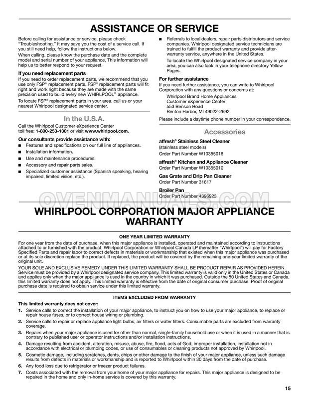 Whirlpool WFG320M0BW Range Use & Care Guide