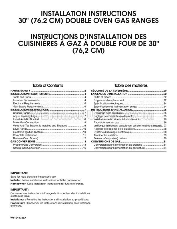Whirlpool WGG745S0FS Range Installation Instructions