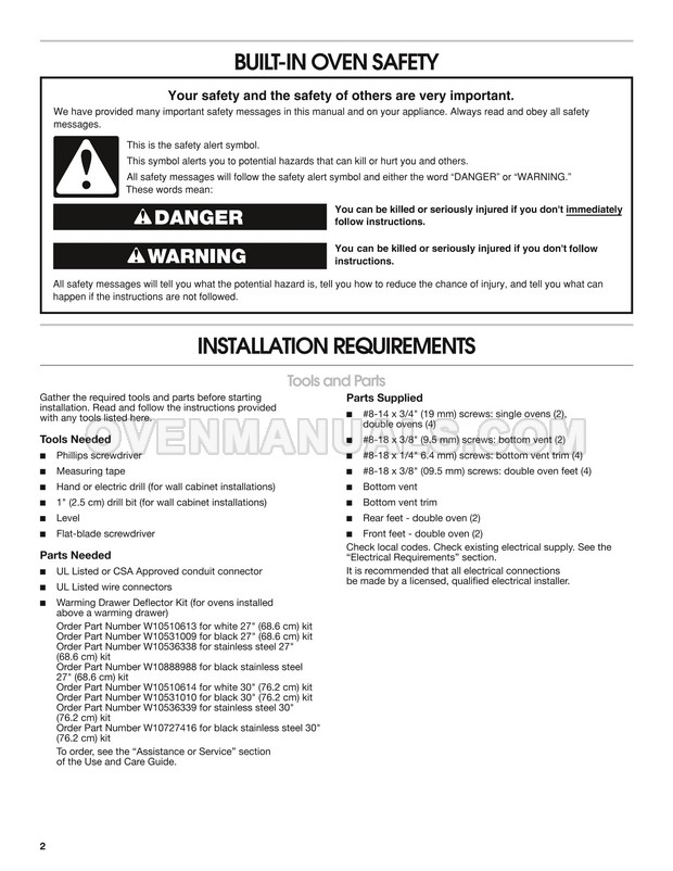 Whirlpool WOS72EC0HS Oven Installation Instructions